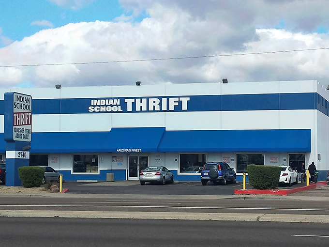 The unmistakable blue-and-white facade of Indian School Thrift stands like a desert oasis for bargain hunters. Arizona's finest, indeed!