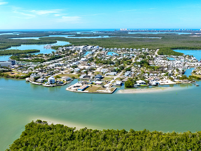 An aerial paradise that looks like Florida before developers discovered the state. Mangroves embrace this fishing village like a protective parent.