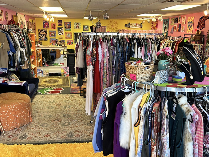 Step into a technicolor dreamland where vintage treasures await around every corner. The yellow and pink walls practically radiate good vibes.