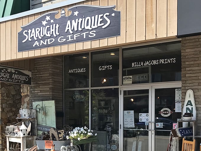 The storefront beckons with rustic charm &ndash; vintage treasures spill onto the sidewalk like the shop couldn't contain its own excitement.
