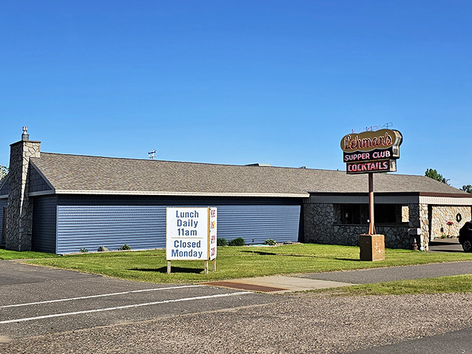 Stone pillars stand guard at Lehman's entrance like sentinels of flavor, promising Midwestern hospitality beneath that unassuming exterior. The supper club experience begins here.