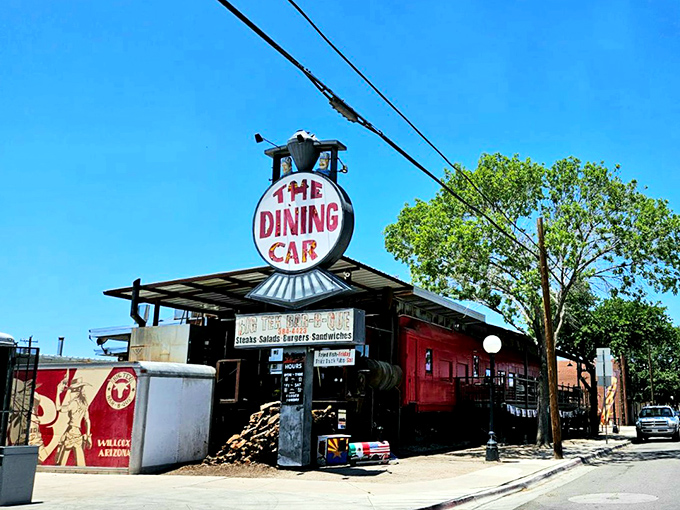 Welcome to barbecue paradise! The iconic "Dining Car" sign beckons hungry travelers to Big Tex BBQ, where mesquite-smoked meats and Western charm await in downtown Willcox.