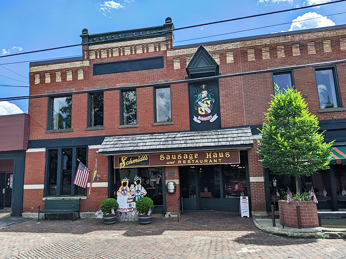 This charming German Village storefront beckons with authentic Bavarian hospitality and cobblestone charm.