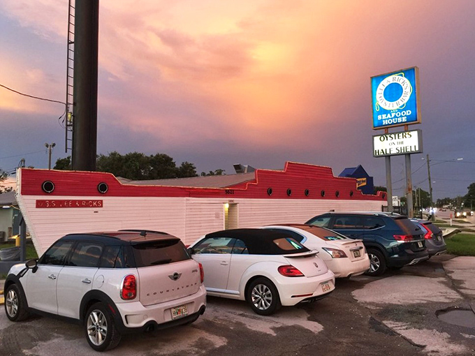 The U.S.S. Lee & Rick's sails proudly on dry land, its boat-shaped exterior promising seafood treasures within. No fancy harbor needed&mdash;just an appetite for adventure.