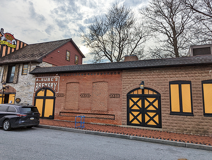 The historic fa&ccedil;ade of Bube's Brewery stands proudly in Mount Joy, its distinctive yellow and black accents beckoning curious food adventurers from miles around.