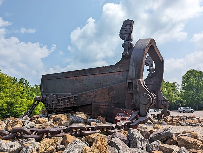 The Big Muskie Bucket looms against the sky like an industrial Stonehenge, a rust-colored monument to America's mining heritage that dwarfs everything around it.