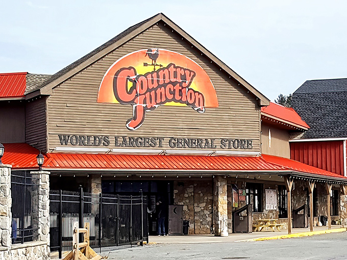 The rustic facade of Country Junction proudly declares its status as "World's Largest General Store," a claim that feels entirely believable once you step inside.