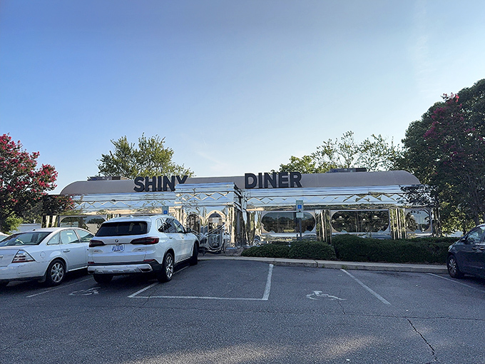 Chrome never goes out of style. The Shiny Diner's exterior gleams in the North Carolina sunshine like a beacon of breakfast hope.