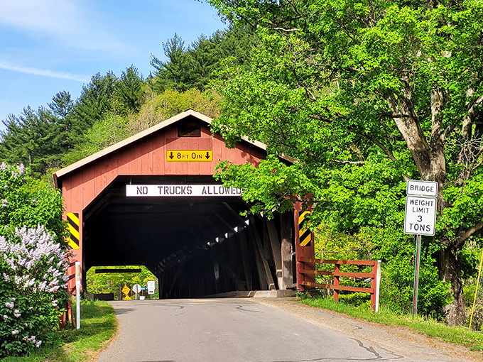 The crimson sentinel stands guard over Loyalsock Creek, its "NO TRUCKS ALLOWED" sign a polite way of saying "horse-drawn carriages preferred."