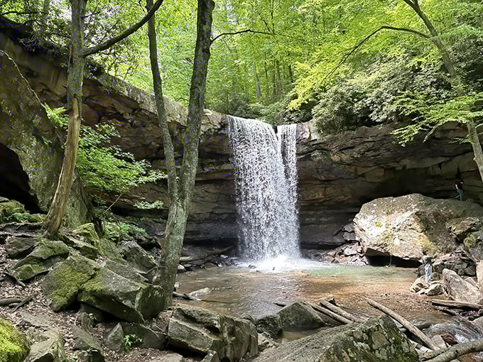Nature's perfect curtain call: Cucumber Falls cascades dramatically between ancient rock formations, creating a serene woodland theater that's worth every step of the journey.
