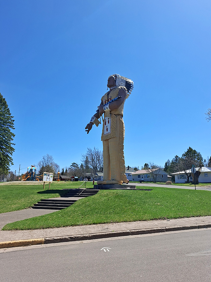 Standing tall against Michigan's blue sky, Hiawatha commands attention like a celestial doorman welcoming visitors to Ironwood's most distinctive landmark.