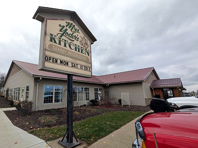 The humble roadside sign that promises more comfort per square inch than your grandmother's hug. Amish Country simplicity with a side of culinary magic.