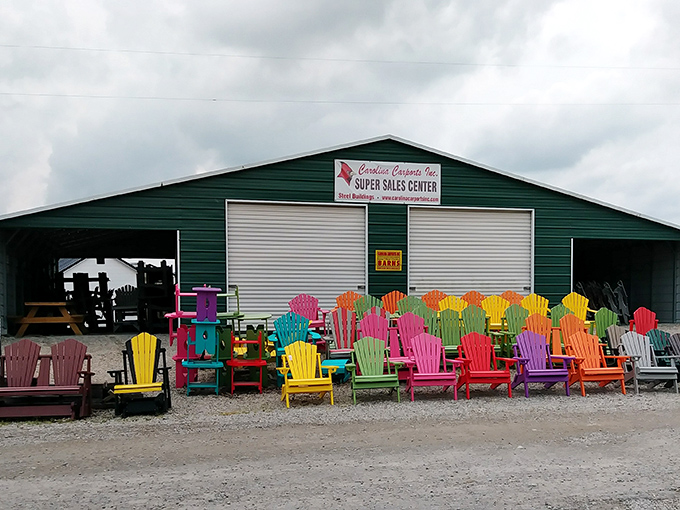 Rainbow warriors standing at attention! These vibrant Adirondack chairs aren't just furniture&mdash;they're mood-enhancing therapy sessions waiting to happen in your backyard.