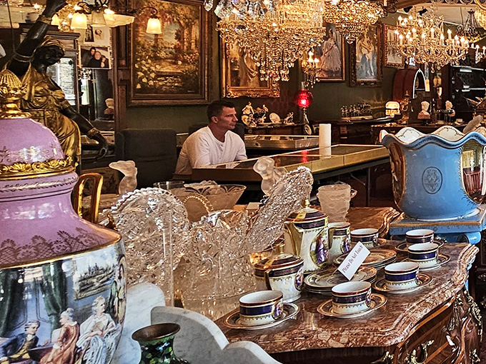 The jade dragon boat that launched a thousand "where did you find that?" conversations. Intricate craftsmanship meets showstopping color beneath a galaxy of crystal chandeliers.