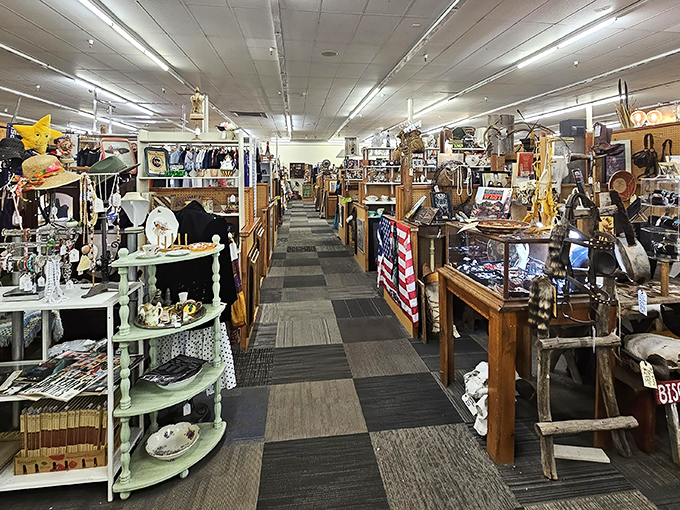 The unassuming storefront of Call it New / Call it Antique beckons with its bright blue signage, promising treasures that span decades of American life.