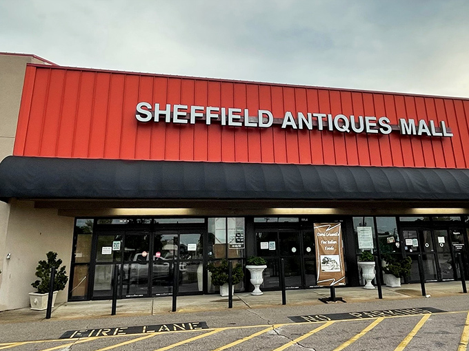 The unmistakable red facade of Sheffield Antiques Mall stands out like a beacon to treasure hunters, promising adventures in time travel through objects.