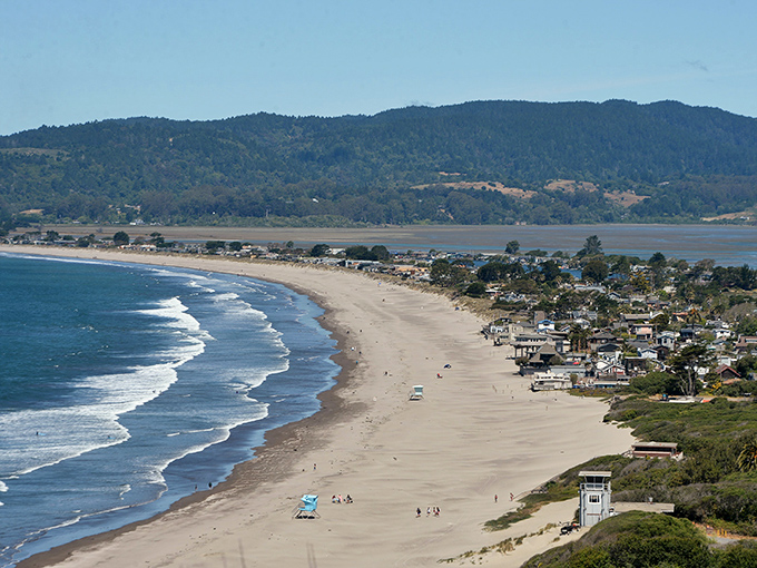The crescent embrace of Stinson Beach, where the Pacific meets Mount Tamalpais. Nature's perfect sandwich of mountains, beach, and sea.