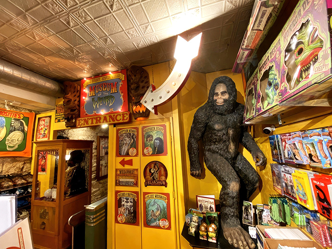 Welcome to nightmare fuel central! The Museum of the Weird's entrance features a towering Bigfoot figure that seems to say, "Come on in... if you dare."
