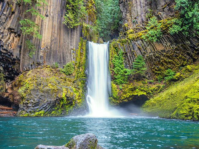 Nature's perfect curtain call! Toketee's silky waters plunge dramatically between hexagonal basalt columns, creating Oregon's most photogenic waterfall moment.
