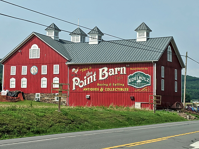 The iconic red exterior of Point Barn stands out against the Pennsylvania countryside like a beacon for treasure hunters. Those cupolas aren't just for show!