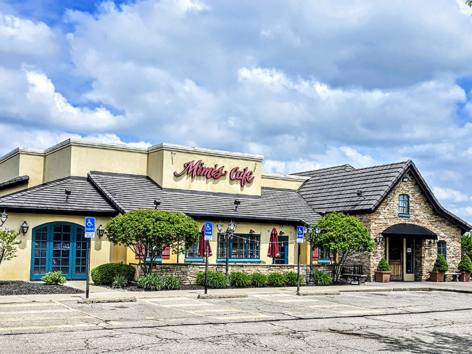 Provence meets Ohio in this charming stone-and-stucco facade. The blue-trimmed windows and French country design might just trick your passport into thinking it's been stamped.