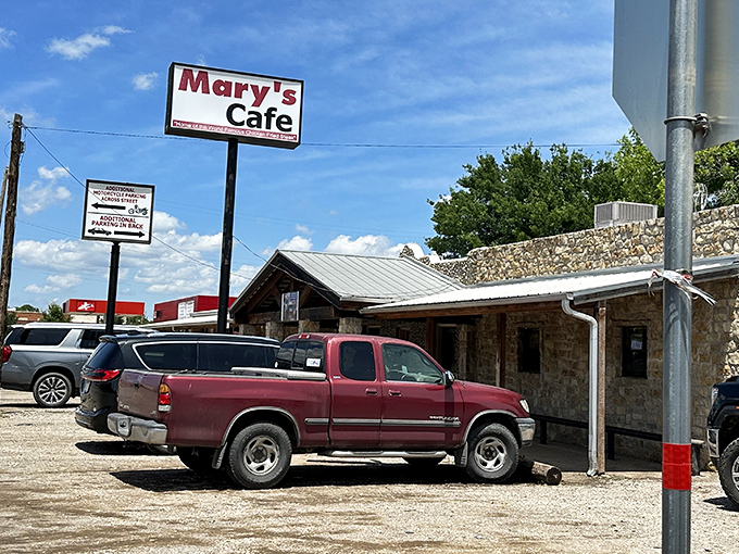 The unassuming stone exterior of Mary's Cafe stands like a temple to Texas comfort food, beckoning hungry pilgrims from miles around.