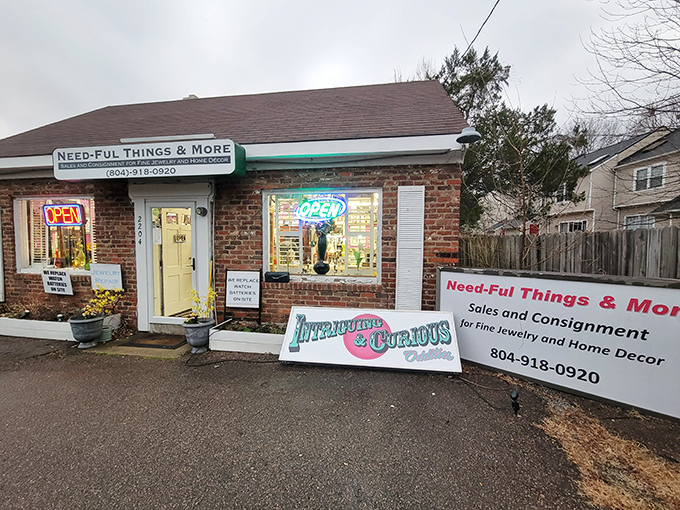 The unassuming brick exterior of Needful Things & More hides a wonderland of treasures inside, like a culinary speakeasy for vintage enthusiasts.