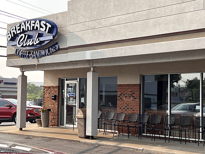 The blue and white checkerboard sign beckons like an old friend. No fancy frills needed when breakfast perfection awaits inside.