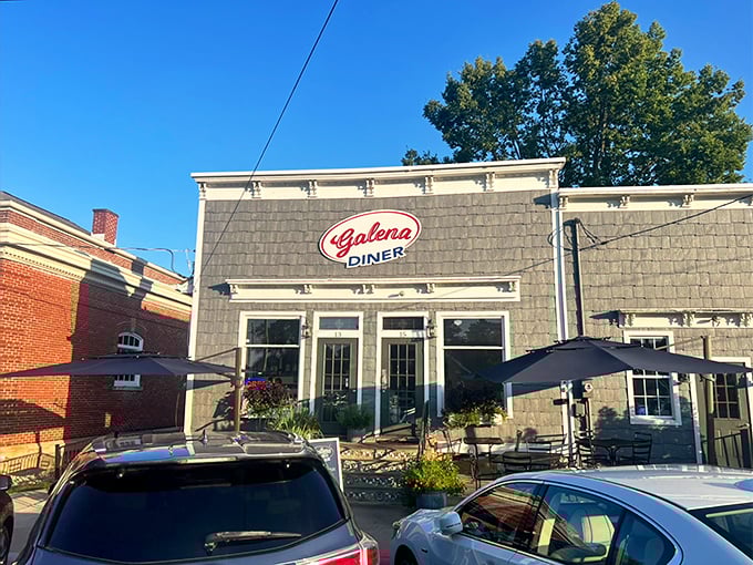 The stone facade of Galena Diner stands proudly on Main Street, its classic red sign promising comfort food treasures within. Small-town charm at its finest.