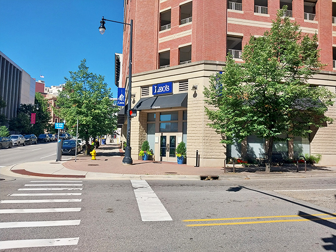 Leo's blue signage stands out like a maritime beacon in downtown Grand Rapids, promising seafood salvation hundreds of miles from any coast.