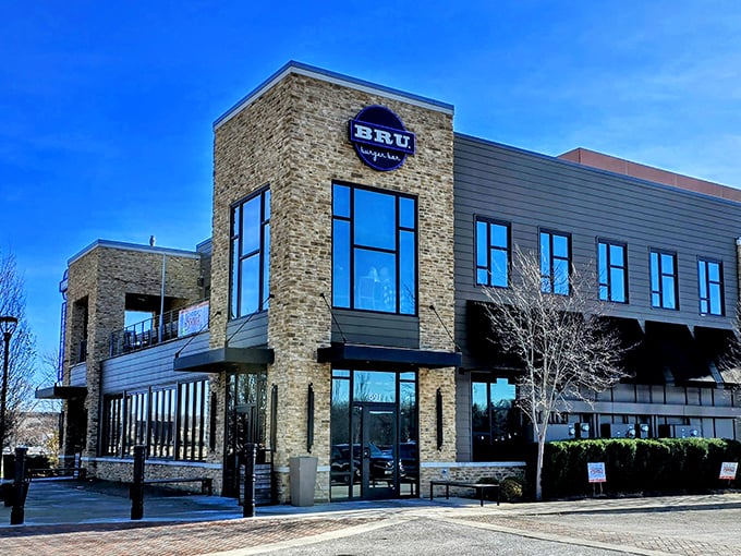 Bru Burger Bar's striking stone-and-glass facade makes a bold architectural statement in Westerville, like a delicious fortress dedicated to the noble burger arts.