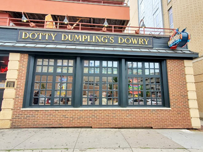 The brick facade of Dotty Dumpling's Dowry beckons like an old friend, promising burger bliss behind those welcoming windows. 