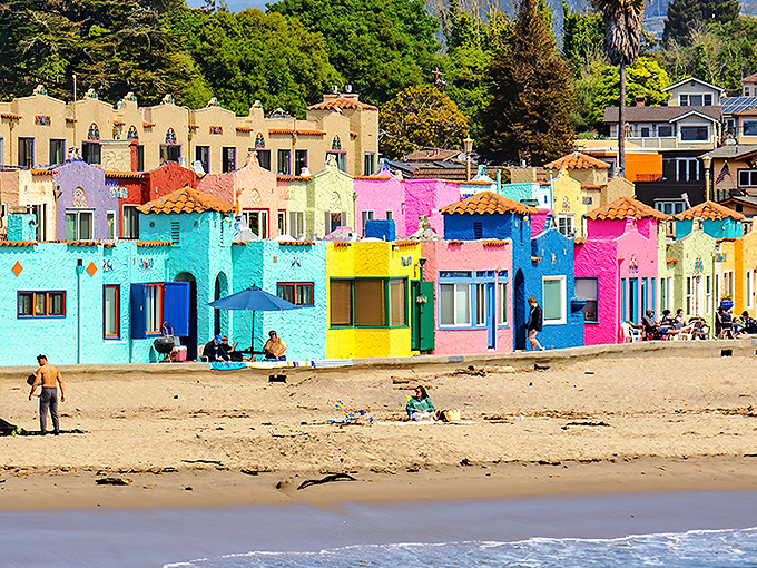 Candy-colored cottages line Capitola Beach like a Mediterranean daydream that somehow landed in California. Pure postcard perfection!