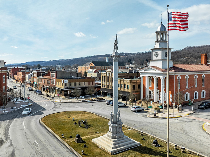 Monument Square stands as Lewistown's beating heart, where history and small-town charm converge under that impossibly blue Pennsylvania sky.