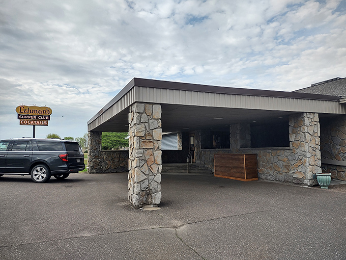 Stone pillars stand guard at Lehman's entrance like sentinels of flavor, promising Midwestern hospitality beneath that unassuming exterior. The supper club experience begins here.