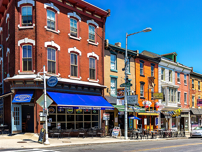 St. John the Baptist Church towers over Manayunk's colorful row houses like a European cathedral that somehow landed in Pennsylvania. Old-world charm meets new-world vibrancy.