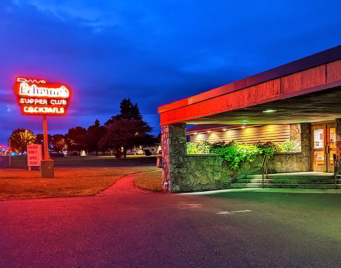 That iconic neon glow against the twilight sky isn't just a sign&mdash;it's a promise of Wisconsin supper club magic waiting inside.