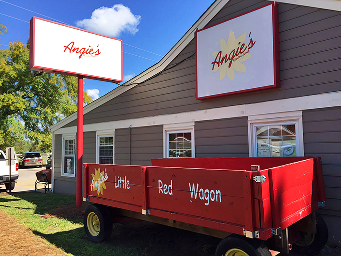 The iconic red wagon outside Angie's isn't just decoration—it's a beacon of breakfast hope for hungry North Carolinians seeking morning salvation.