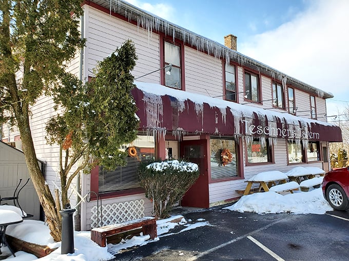 The burgundy awning of Teschner's Tavern welcomes hungry travelers like a culinary lighthouse, complete with seasonal mums that could win garden club awards.