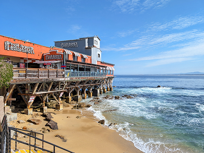 Perched dramatically over Monterey Bay, Fish Hopper's orange and blue exterior isn't just eye-catching&mdash;it's practically waving "come eat here" in maritime flag code.