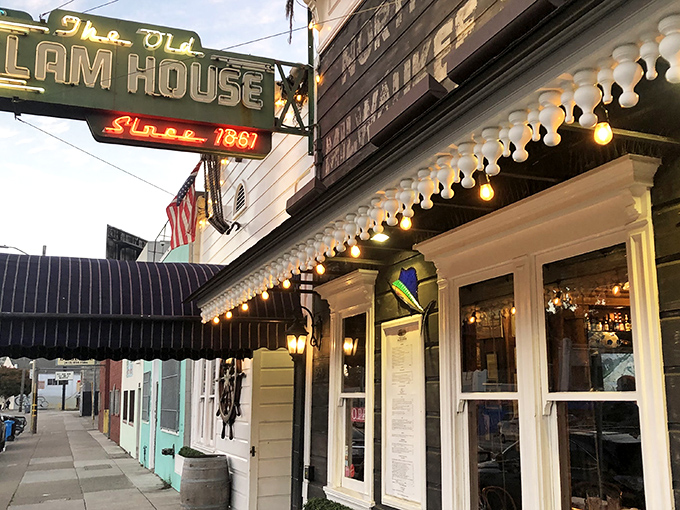 History stands proudly on Bayshore Boulevard, where The Old Clam House's vintage signage tells tales of San Francisco's storied past.