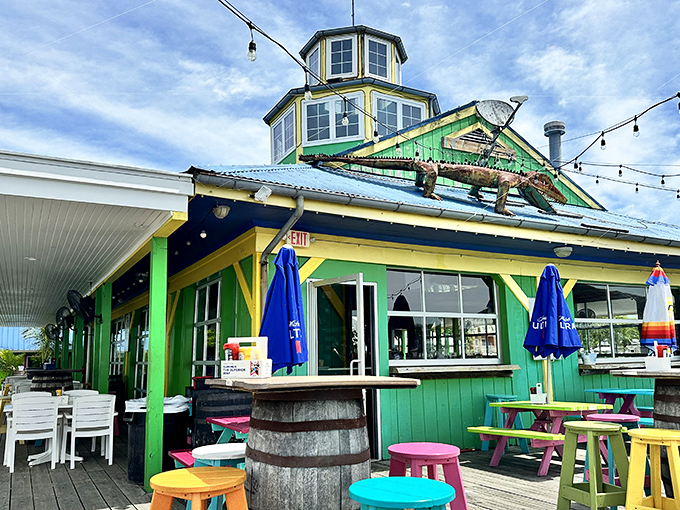 Candy-colored stools against seafoam green walls &ndash; The Jetty's exterior is like a Jimmy Buffett song come to life on Maryland's Eastern Shore.