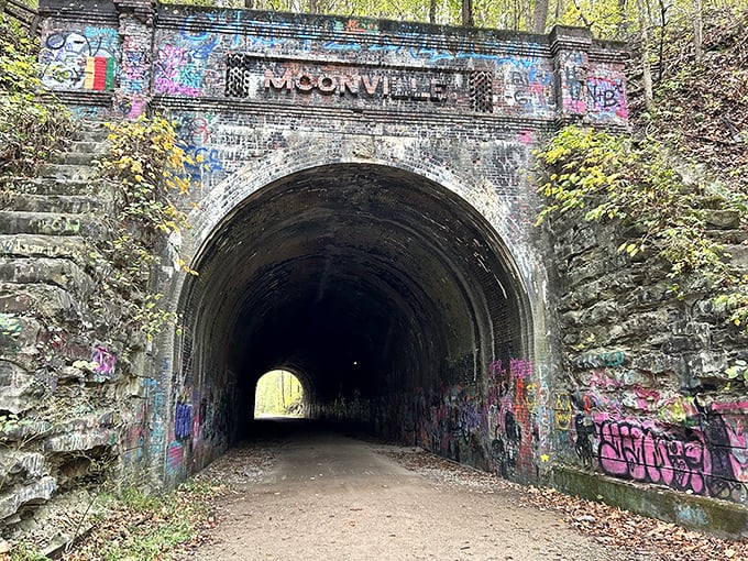 The entrance to Moonville Tunnel stands like a portal to another time, its graffiti-covered facade a colorful contrast to the surrounding forest.