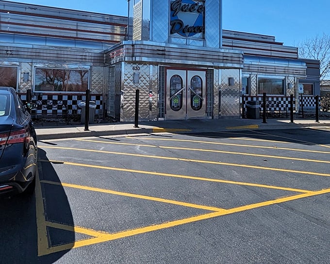 The chrome-clad exterior of Gus's shines like a time machine in the Wisconsin sunshine, complete with that iconic checkerboard trim that screams "great food ahead!"