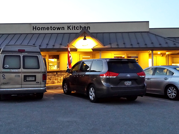 The humble exterior of Hometown Kitchen glows like a beacon for hungry travelers. No fancy frills, just the promise of honest-to-goodness cooking waiting inside.