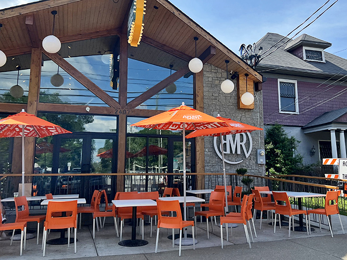 The stone and timber exterior of Butter Milk Ranch beckons like a modern-day siren, those orange chairs practically shouting "sit here and stay awhile!"