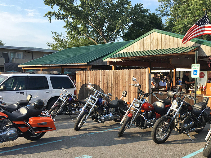 The rustic wooden exterior with that iconic "A" logo promises what every great BBQ joint should: no frills, just honest-to-goodness smoky deliciousness waiting inside.