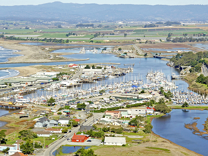 A bird's-eye view of paradise! Moss Landing's harbor nestles between farmland and ocean, where boats bob like colorful toys in nature's perfect playground.