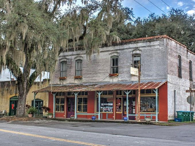 Historic storefronts frozen in time, where Spanish moss drapes over brick buildings like nature's own awnings. Micanopy's main street feels like stepping into a living postcard.