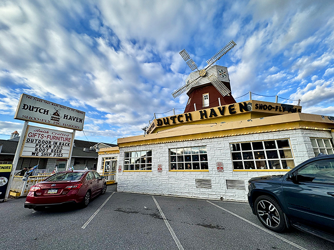 The iconic windmill structure of Dutch Haven stands proudly along Route 30, a beacon for pie-lovers and a landmark that screams "pull over now, deliciousness ahead!"